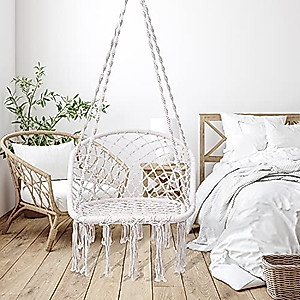 Hammock Chair, Ohuhu Max 330 LB Hanging Chairs with Durable Hanging Hardware Kit, Indoor & Outdoor Use Hammock Chair Macrame Swing, Cotton Rope Handmade Knitted Mesh for Bedroom, Patio, Yard, Garden