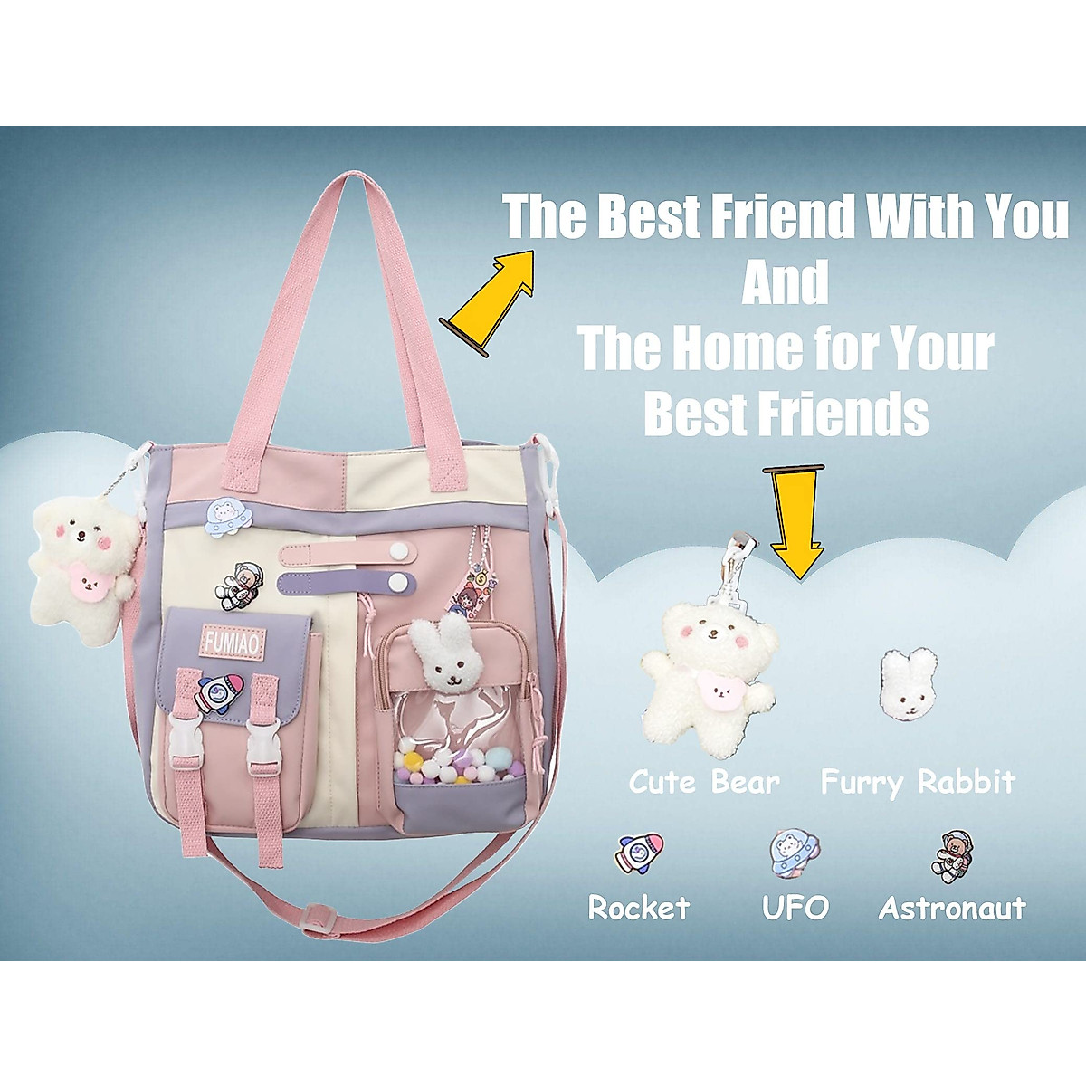 KOWVOWZ Kawaii Shoulder Tote Bag with Cute Pin Accessories Plush Rabbit & Bear Pendant Girl School Backpack Laptop Schoolbag Crossbody for Students (Purple)