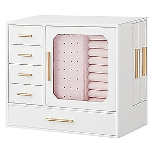 HOOBRO Jewelry Box with Glass Window, Large Capacity Jewelry Organizer, Jewelry Storage, Portable Jewelry Organizer Box, Modern Style, White and Light Gold WT05JB04