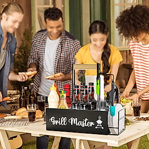 Grill Utensil Caddy, Picnic Condiment Caddy, BBQ and Grill Caddy with Paper Towel Holder & Paper Plate Holder. Grilling Caddy with Wood Handle & 2 Hooks, Multi-use Storage Organizer for Outdoor Grill
