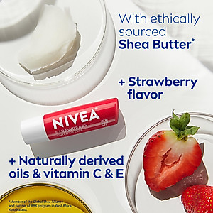 NIVEA Strawberry Lip Care, Tinted Lip Balm Pack with Shea Butter, Nourishing Oils and Vitamin C & E, 3-in-1 Moisture, Repair and Color, 0.17 Oz Stick, Pack of 4