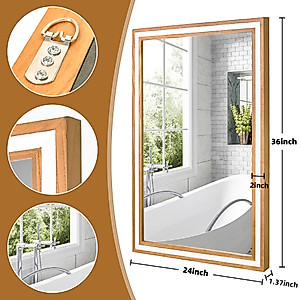 Wood Bathroom Mirror with Solid Frame,24 x 36 Inch LED Lighted Vanity Mirror,Rectangle Makeup Tempered Mirror for Wall,Light up Unique Mirror(Natural)