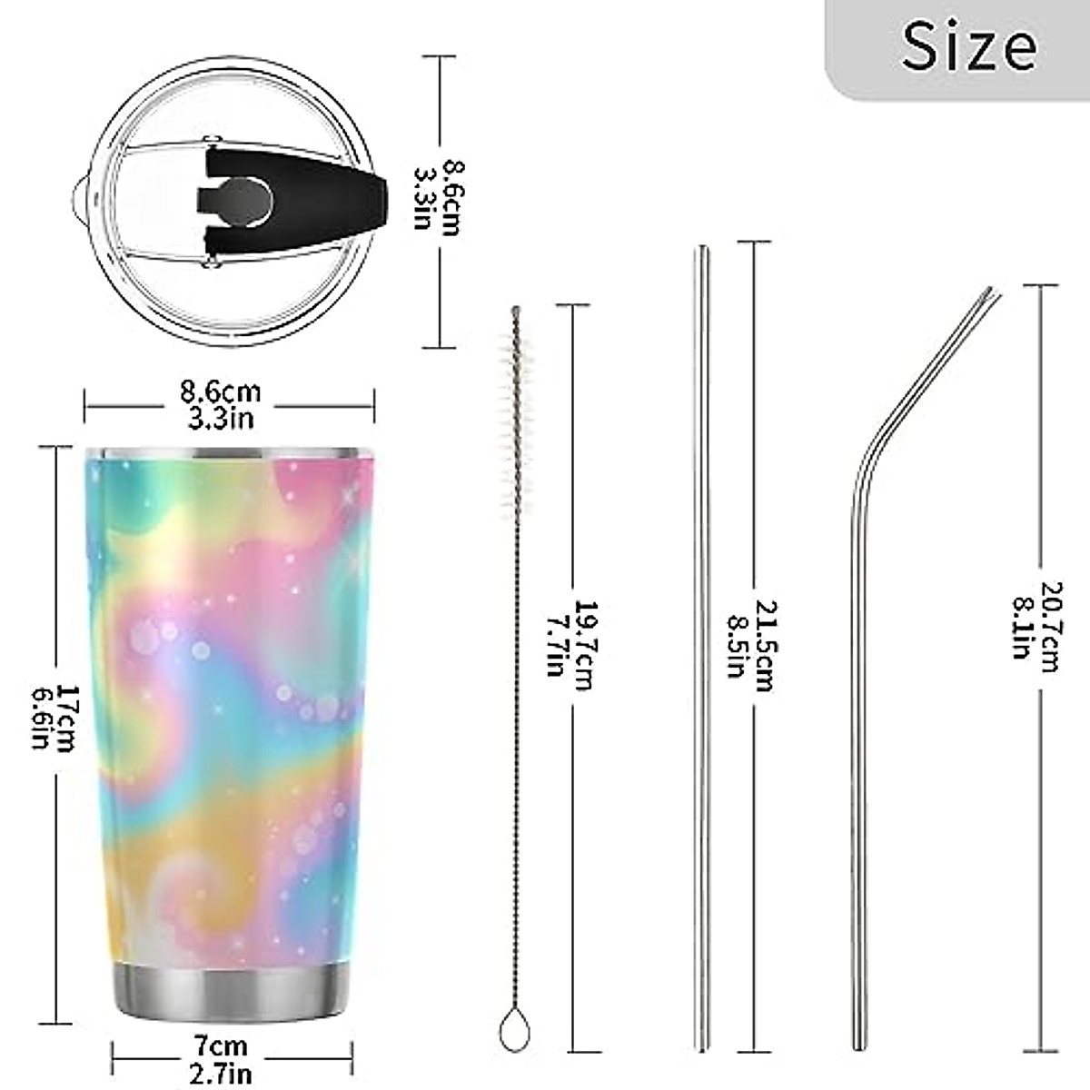 Jihqo Multicolor Rainbow Galaxy Tumbler with Lid and Straw, Insulated Stainless Steel Tumbler Cup, Double Walled Travel Coffee Mug Thermal Vacuum Cups for Hot & Cold Drinks 20oz