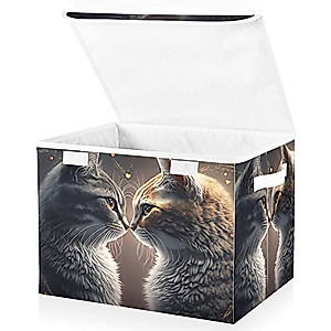 Vnurnrn Collapsible Storage Bin with Lid (Romantic Cats), Foldable Storage Boxes Cube with Lid for Clothes Toys 16.5×12.6×11.8 Inch