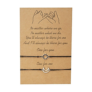 Friendship Bracelet Long Distance Bracelets for Women Best Friend Pinky Promise Matching Bracelets for 2 Couples Anklet Bracelets with Message Card Boyfriend Girlfriend Men (Black Strand-Moon&Sun)