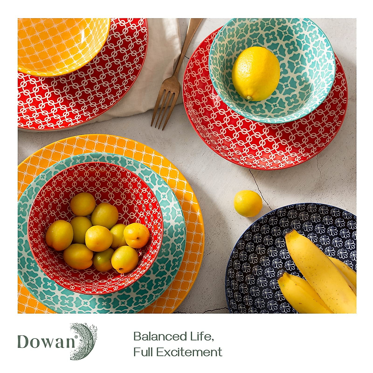 DOWAN 18 Piece Dish Set Include 4 Dinner Plates, 4 Salad Plates, 4 Cereal Bowls, 6 Soup Bowls