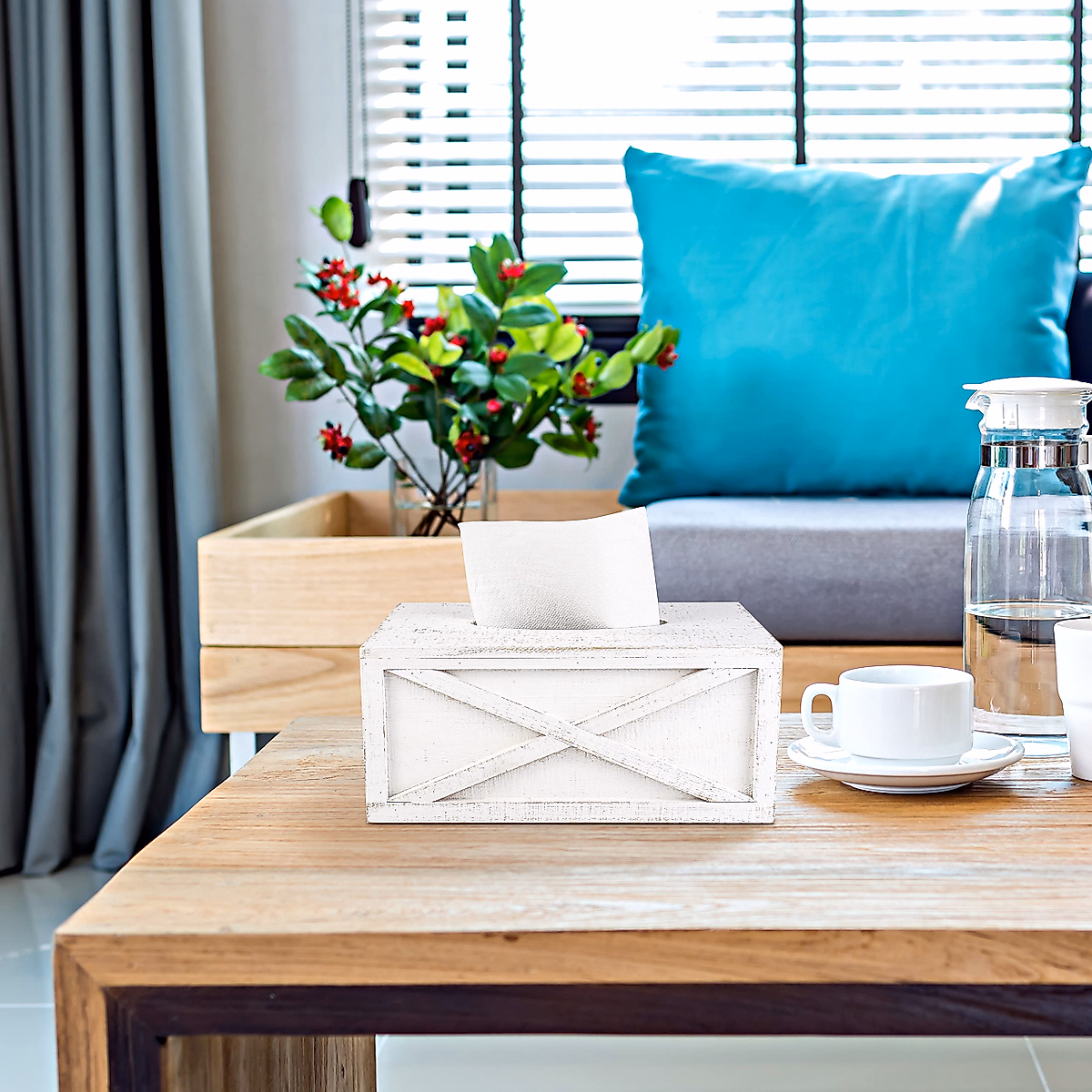 Karisky Rustic Rectangular Fir Wood Tissue Box Cover Holder with Slide-Out Bottom Panel, Farmhouse Paper Facial Dispenser for Bathroom, Bedroom, Night Stands, Office, 10 x 6 x 5 inch, White