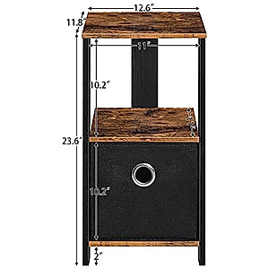 HOOBRO Bedside Table with Pull-Out Collapsible Storage Box, Retro Small Nightstand for Small Space, Living Room, Bedroom, Stable and Sturdy, Rustic Brown and Black BF35BZ01