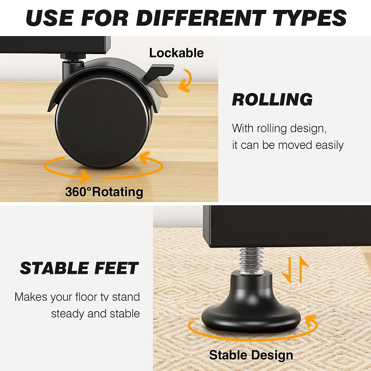 5Rcom Rolling TV Stand, Mobile TV Cart for 13-50 Inch Flat Curved TV with Tilting and Rotating, Portrait to Landscape, Height Adjustable Portable TV Stand with Wheels for Home/Office/Outdoor/Mall