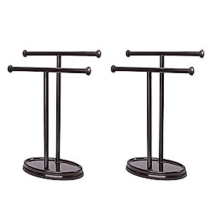 ALUCSET 2 Pack Metal Modern Hand Towel Holder Rack Stand with Base for Bathroom Kitchen Vanity Countertops to Display and Store Small Towels or Washcloths, 2-Sided (Coffee, Set of 2)