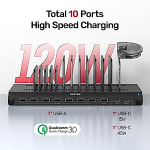 Unitek USB Charging Station 120W 10 Fast Port Multi Charge Docking Hub for Multiple Apple Devices with QC 3.0 PD 45W Port, Charger Organizer Compatible with iPad, iPhone, Tablet, iwatch,Cell Phone