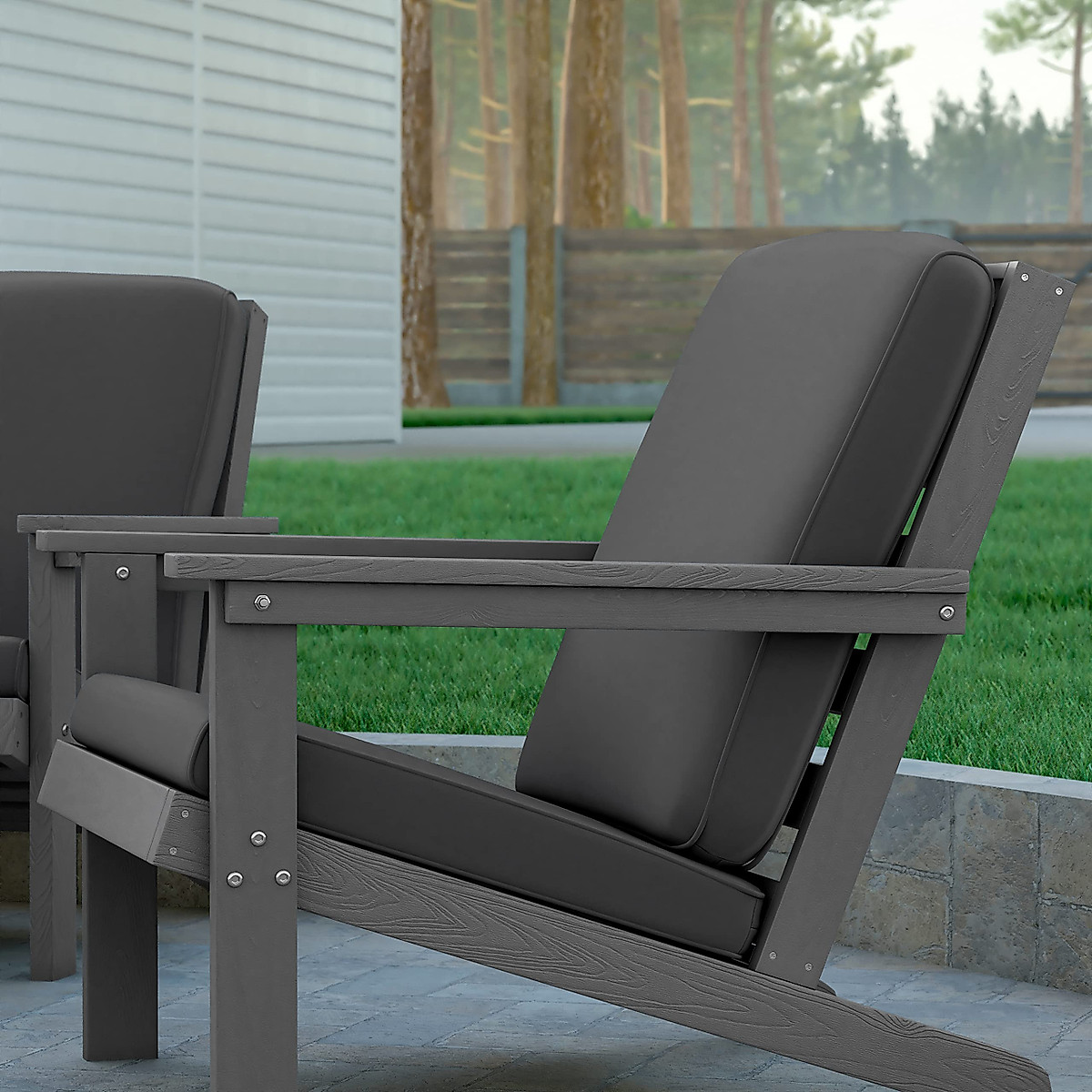 EMMA + OLIVER Hammond All-Weather Adirondack Style Chair - Gray Finish Polyresin Frame - Gray Cushions - Deep Seat - 300 lbs. Static Weight Per Seat