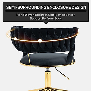 NIOIIKIT Velvet Office Desk Chair with Hand Woven Backrest, 360° Swivel & Height Adjustable Task Chairs, Makeup Chair, Living Room Chairs with Stainless Base and 5 Wheels (Black)