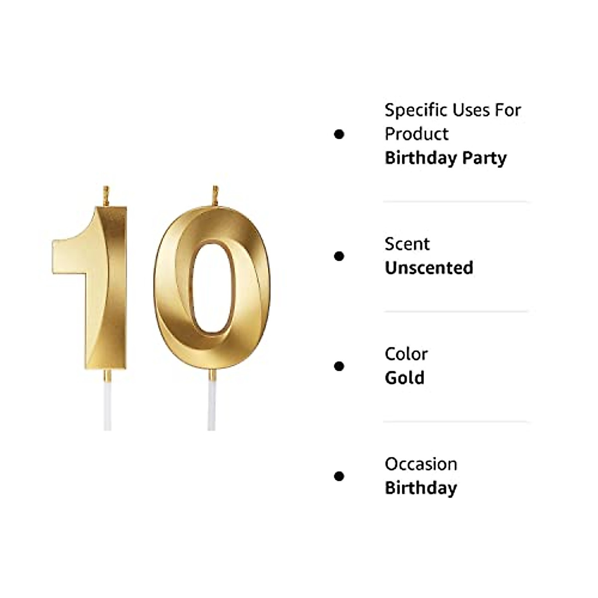 10th Birthday Candles Number 10 Candles Numerals for Cakes Happy Tenth Birthday 3D Designed 10th Wedding Anniversary Party Cake Topper Decorations (10, Gold)