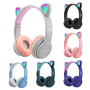 UXELY Cute Cat Ears Light Up Wireless Gaming Headset, Bluetooth 5.0 Headphones with LED Lights, Stretchable, Foldable, Adjustable Gaming Headphones for Kids Adults(Purple)