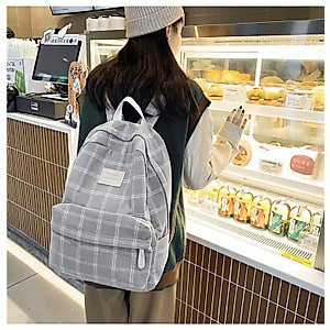 AONUOWE Light Academia Aesthetic Backpack Plaid Preppy Backpack Teen Girls Back to School Supplies Checkered Bookbags (Light Grey)