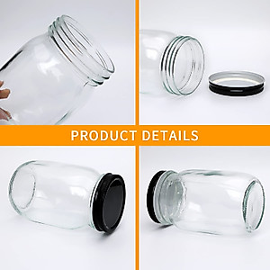 QAPPDA 32 OZ Glass Jars with Lids Set of 12,Clear Wide Mouth 1000ML Glass Mason Jar with Airtight Lid,Durable Glass Food Storage Canning Jars for Pickles,Jams,Preserving