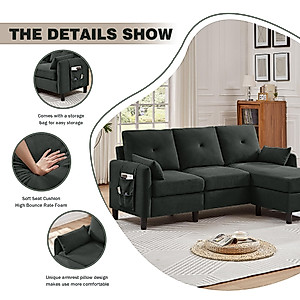Tornama Convertible Sectional Sofa Couch 3 Seat L Shaped Sofa with Pillows, 77" Linen Fabric Small Couch with Reversible Chaise and Side Pockets for Living Room, Apartment and Office, Black