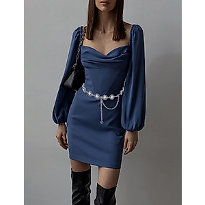 BEMYLV Bling Western Silver Chain Belts for Women Dresses Sparkly Rhinestone Waist Belt for Wedding Evening Dress