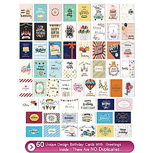 60 Unique Birthday Cards,Birthday Cards Bulk With Message Inside,5 x 7 inches Happy Birthday Cards Assortment,Assorted Birthday Cards With Envelopes and Stickers in Birthday Cards Bulk Boxed Set.