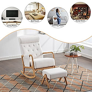 Neylory Rocking Chair Nursery, Mid-Century Modern Upholstered Fabric Rocking Chairs with Ottoman, Nursery Glider with Thick Padded Cushion, High Backrest Glider Rocker for Living Room (Beige)