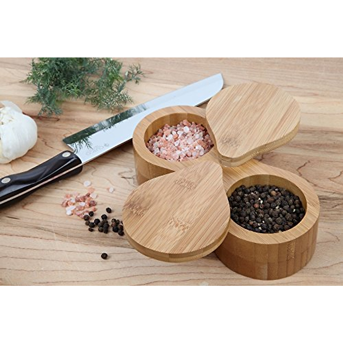 Lily's Home Double Round Bamboo Container, Spices Storage Jar, Salt and Pepper Wooden Box