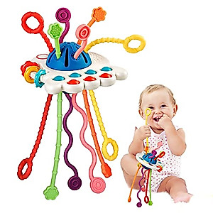 Baby Toys 6 to 12 Months,4 in 1 Silicone Pull String Montessori Toys for Babies 6-12 Months, Sensory Toys for 1 Year Old Boy Girl Birthday Gifts, Baby Essentials Toys for Travel,Bath,Motor Skills