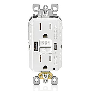 Leviton T5635-W USB Dual Type-C with Power Delivery (PD) In-Wall Charger, White & GUAC1-W 15A SmartlockPro Self-Test GFCI Combination 24W(4.8A) Type A/C USB in-Wall Charger Outlet, White