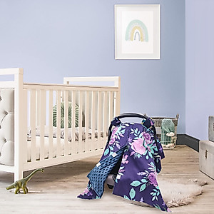 Peekaboo Opening Car Seat Cover & Minky Toddler Blanket for Boys Girls, Purple Flower Car seat Canopy Baby Blankets, Soft Fabric