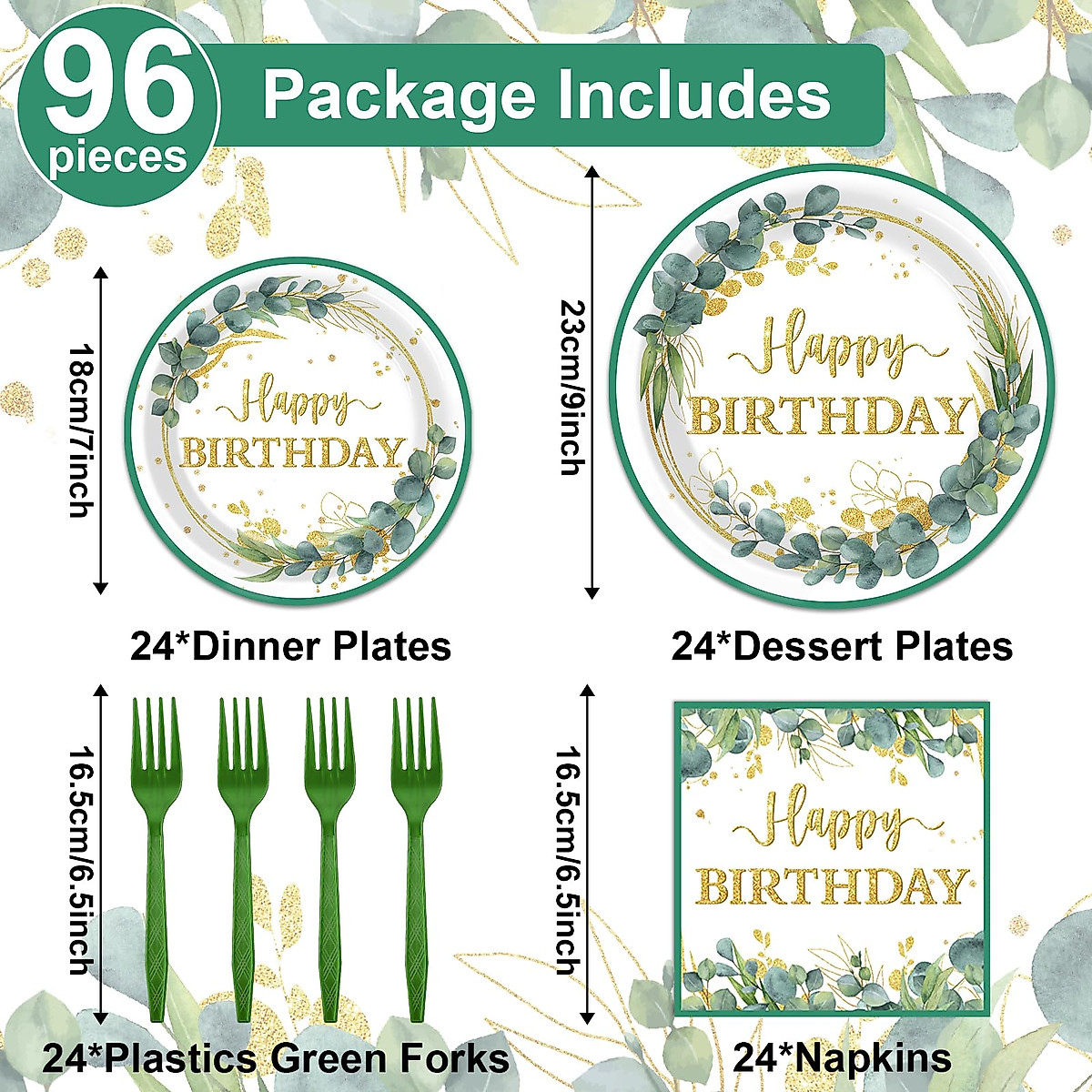 96 Pieces Greenery Eucalyptus Happy Birthday Plates Eucalyptus Birthday Themed Party Decorations Green Leaf Baby Shower Party Dessert Paper Plates Napkins Forks Supplies for 24 Guests Tableware Set