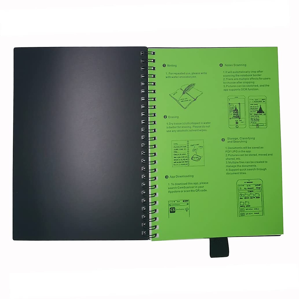 GOTTOWOW Reusable Smart Erasable Notebook, Heat Wet Erase, Waterproof, Wire bound Notebook, Spiral Notebook, Wide Ruled Paper, Blank Paper, Erasable Pen, Cloud Storage, 62 Pages, A5 (black 1)