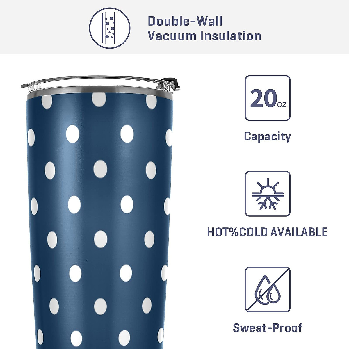 WELLDAY Navy Blue Polka Dot Stainless Steel Tumbler Cup with Straw & Lid Double Wall Vacuum Insulated Travel Mug Hot Cold Water Bottle Coffee