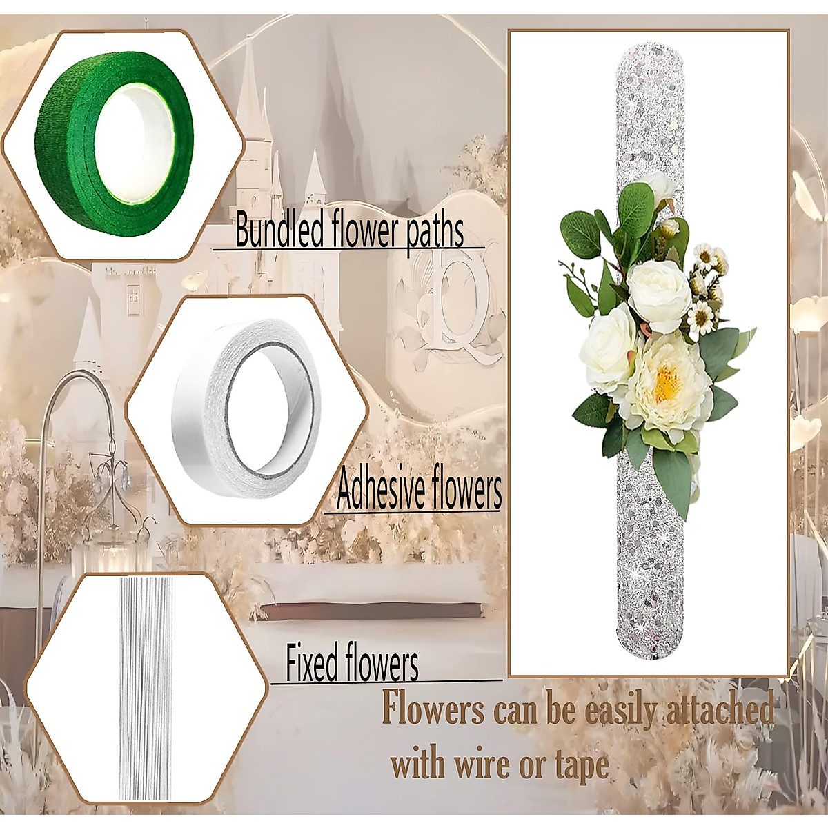 WarmValley 12Pcs Corsage Wristlet Wrist Corsage Bracelets, Wedding DIY Corsage Wristlet Band, Faux Leather 8.9 x 1in Sequin Corsage Kit, Accessories for Bridesmaid Bridal Shower Party Prom