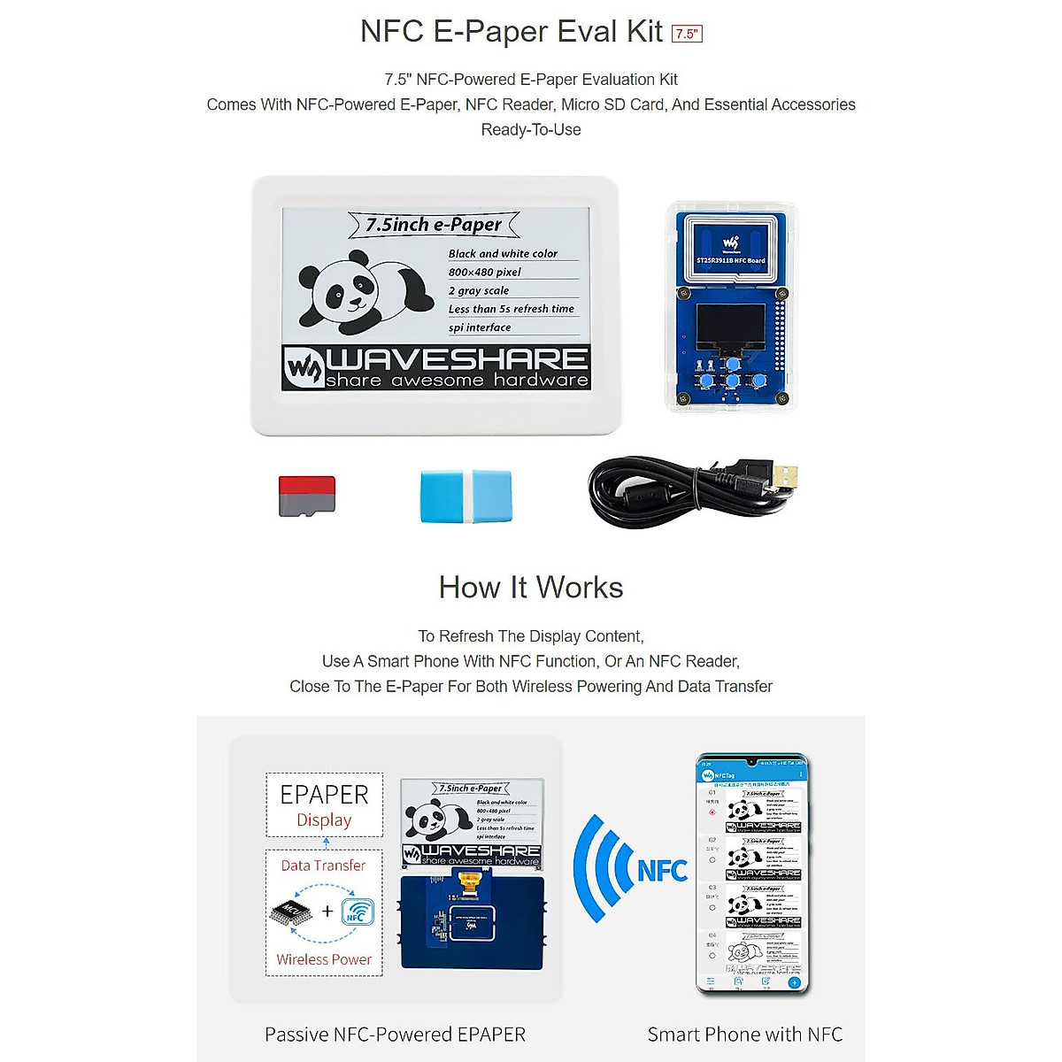 Waveshare 7.5inch NFC e-Paper Eval Kit Bundle with 7.5inch NFC-Powered e-Paper ST25R3911B NFC Board Micro Card 16GB Micro Card Reader USB-A to Micro-B Cable(5 Items)