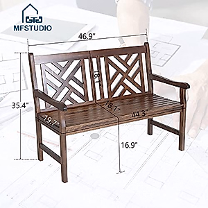 MFSTUDIO Outdoor Acacia Wood Garden Bench with Backrest and Armrest,2-Person Slatted Seat Bench Patio Furniture for Porch,Park,Yard,Weight Capacity 600 lbs(Brown)