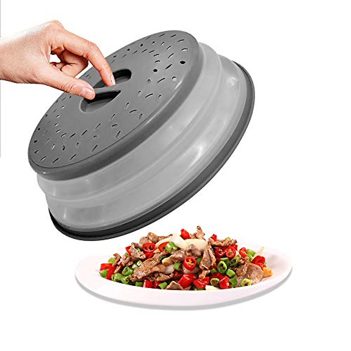 OUZIFISH Microwave Plate Cover 10.5 inch Collapsible Food Plate Lid Cover - BPA Free, Easy Grip, Microwave Plate Guard Lid With Steam Vent & Colander Strainer for Fruit (Grey)