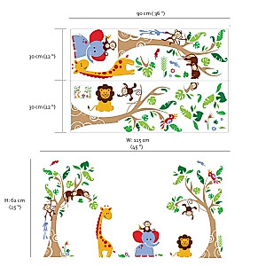 Runtoo Jungle Animals Tree Wall Decals for Nursery Baby Kids Bedroom Monkey Giraffe Elephant Wall Stickers Adventure Wall Décor