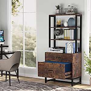 Tribesigns 2 Drawer Lateral File Cabinet with Lock, Letter Size Large Modern Filing Cabinet Printer Stand with Open Storage Shelves for Home Office, Dark Brown