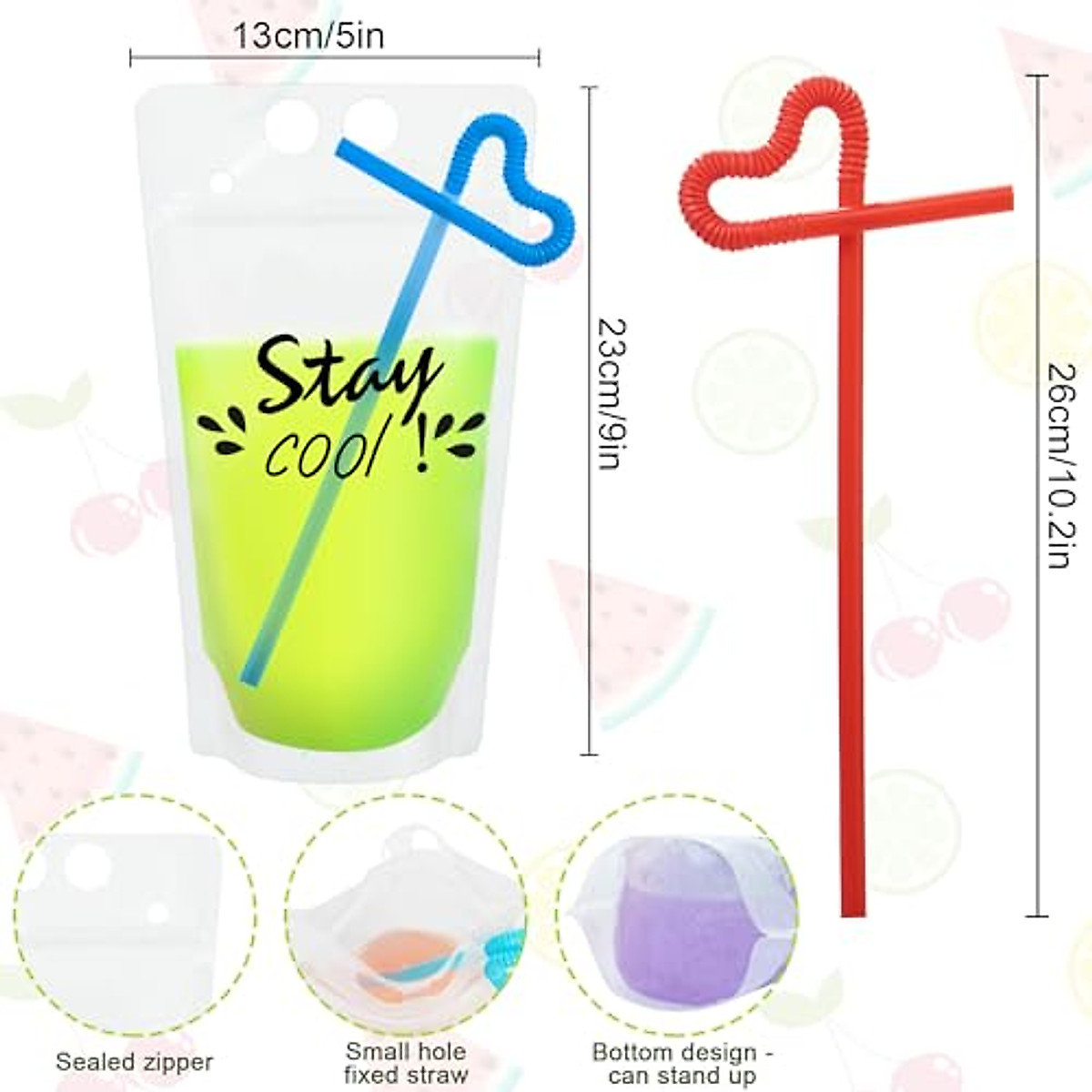 Ozera 50 Pcs Drink Pouches for Adults, Reusable Drink Pouches with Straws Funnel, Funny Text Juice Pouches for Adults Teen, Novelty Hand-held Plastic Smoothie Pouches for Drinks(5 Styles)