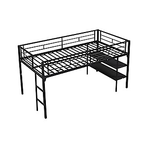 Epinki Low Loft Bed with Storage Shelves, Black, Steel, Bed Frame, Kids Bed, Easy Assembly