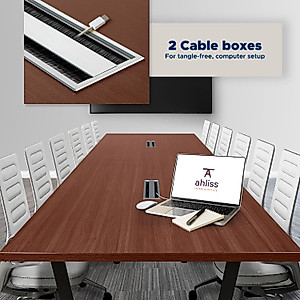 ahliss Sturdy Conference Table with Cable Management Grommets Modern Rectangle Office Meeting Table with Wood Tabletop and Metal Frame & Legs- Easy Assembly Boardroom Table (Mahogany, 12 Foot)