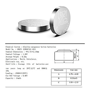 AG1 364A LR60 SR60 LR621 SR621, SR621SW, 364, 164 Alkaline Button Cell 1.5v Batteries 10Pcs