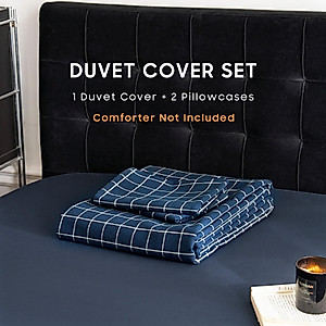 Wake In Cloud - Grid Cotton Duvet Cover Set, Plaid Checkered Geometric Farmhouse, 100% Washed Cotton Textured Percale Bedding Set, 3 Pieces, Navy Blue, Twin Size