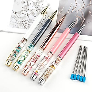 Ubabe Ballpoint Pens, 5pcs Blue Ink Metal Pens Purple/Grey/Rose Gold/White/Pink Cute Pens Liquid Dried Flower Pen for School Supplies Desk Accessories (Blue Ink)