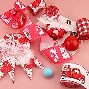 6 Rolls Heart Wired Ribbon 2.5" Valentine's Day Burlap Ribbon Buffalo Plaid Red Pink Heart Truck Love Letter Ribbon for Gift Wrapping Home Wedding Anniversary Decor Bows Wreath Craft, 30 Yards