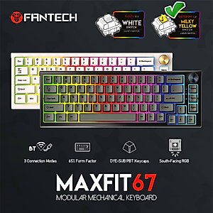 FANTECH MAXFIT67 3-Mode Custom Mechanical Gaming Keyboard RGB Backlit, 65% (67-Key) Hot Swappable Type-C Wired South Facing Mechanical Keyboard, Yellow Switch, White