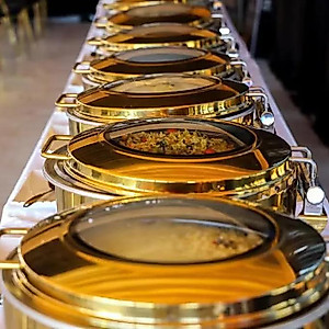 HONHPD 1 Pcs 6.8QT Round Chafing Dish Buffet Set,Gold Stainless Steel Buffet Servers and Warmers,Round Chafer Food Warmer with Glass Window Hydraulic Lid & Holder for Wedding Parties Catering,Golden