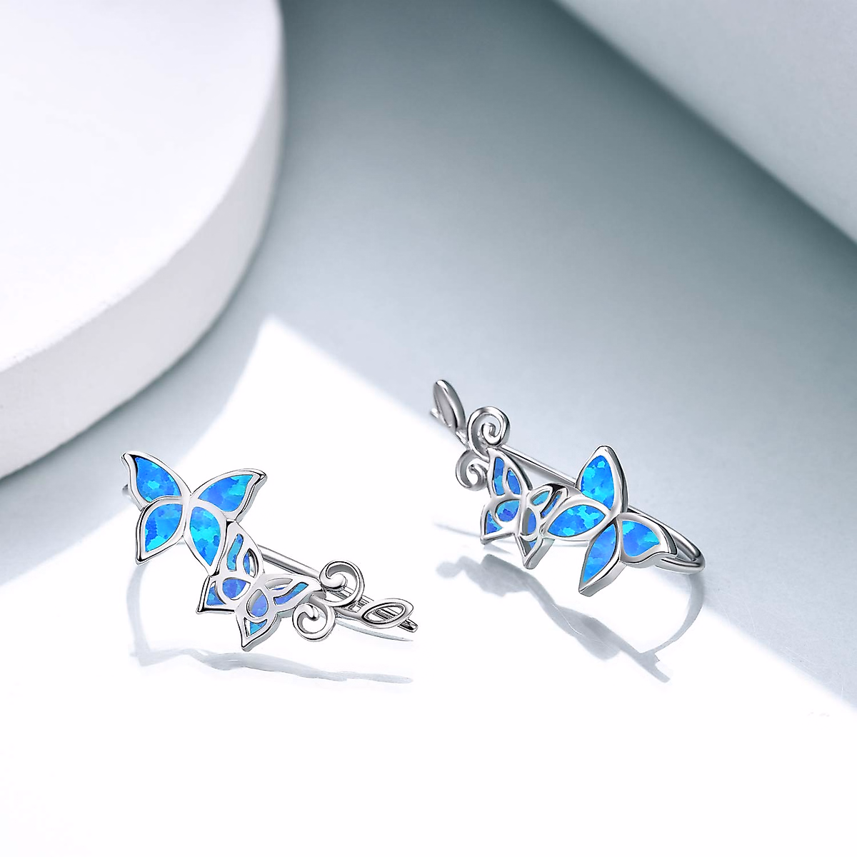 WINNICACA Ear Climbers Earrings for Women Sterling Silver Climber Earrings Created Blue Opal Ear Butterflies Crawler Earrings for Women Butterfly Stud Earrings for Women