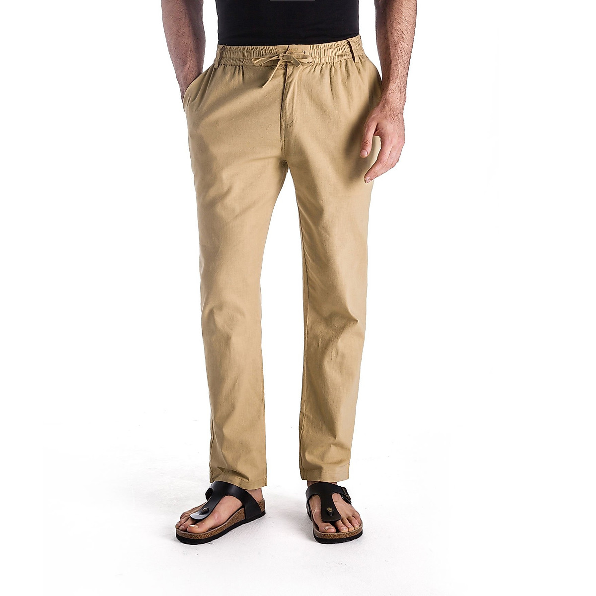 MUSE FATH Men’s Linen Elastic Waist Pants-Lightweight Summer Trousers-Khaki-S