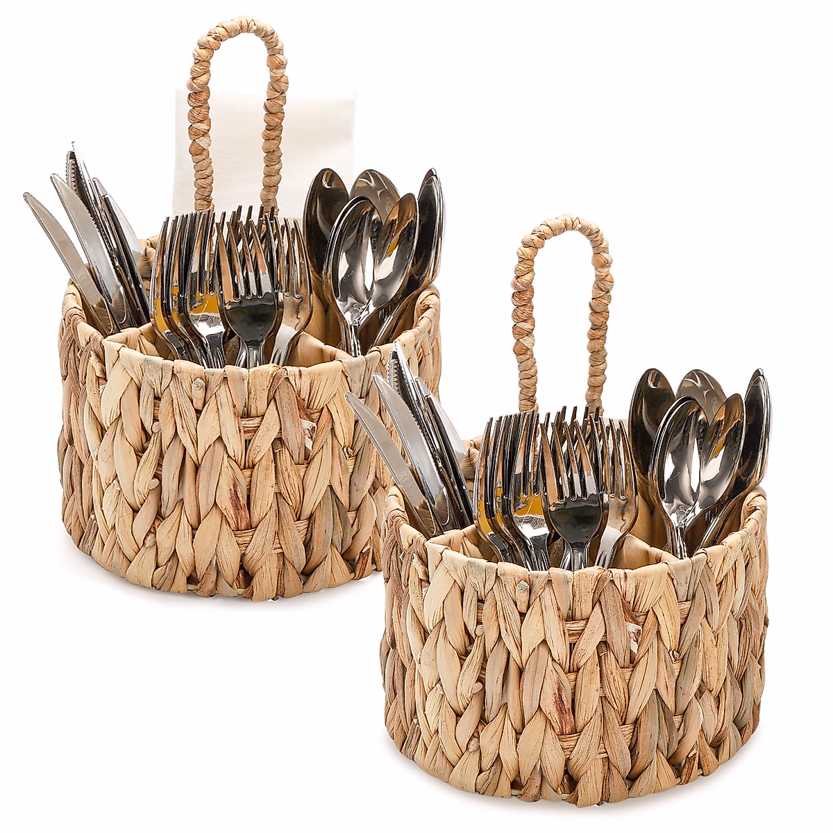 Hiceeden 2 Pack Utensil Caddy with Handle for Countertop, Water Hyacinth Silverware Caddy Holder Organizer for Party, Hand Woven Flatware Cutlery Caddy for Picnic